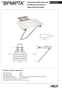 Bemeta Design HELP: Sklopné sprchové sedátko s nohou bez krytky, nerez, plast bílý -