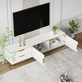 Aosom TV skříň s úložným prostorem 175 cm, vybroušená textura, mramor, pozlacené úchytky pro elegantní obývací pokoj černá zlatá