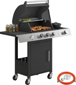 Outsunny plynový gril 10,5 kW (3+1 hořák) s vozíkem — boční hořák, otvírák, teploměr, litinové rošty, ohřívací rošt, kolečka, boční poličky a skříňka