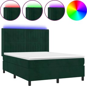 Box spring postel s matrací a LED tmavě zelená 140x200 cm samet 3139688