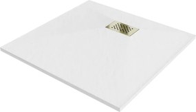 Mexen Hugo, čtvercová sprchová vanička SMC 90 x 90 cm, bílá, zlatá krytka, 42109090-G