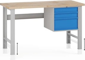 Výškově nastavitelný dílenský stůl G7, buková spárovka, 1500 x 800 x 840-1040 mm, 1x kontejner, 3 zásuvky, modrá