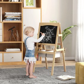 Dětský easel AIYAPLAY 3 v 1 s oboustrannou tabulí, dřevěný easel pro kreslení s papírovým válcem a 2 košíky 58x50,5x109 cm přírodní