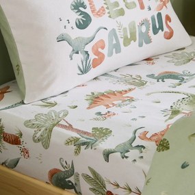 Krémové napínací flanelové dětské prostěradlo na jednolůžko 90x190 cm Brushed Sleepy Saurus Dino – Catherine Lansfield
