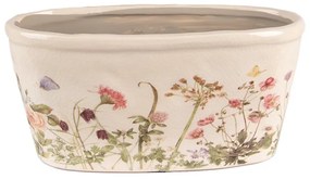 Béžový keramický oválný obal na květináč s kytičkami a motýly Flowers of Love – 23x10x11 cm