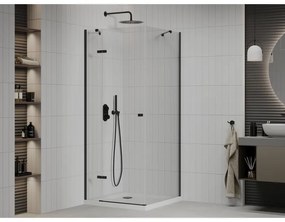 Mexen Roma, sprchový kout s 1-křídlými dveřmi 100 (dveře) x 100 (stěna) cm, 6mm čiré sklo, černý profil, slim sprchová vanička 5cm bílá s černým sifonem, 854-100-100-70-00-4010