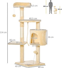 PawHut Kočičí strom škrabací velký s plošinami, chatkami a hračkami 114 cm potažený béžovým sametem