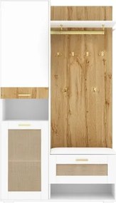 Aosom Sada předsíňového nábytku se zrcadlem a lavicí, LED osvětlení, nástěnná předsíň a 6 zlatých věšáků, 110 x 38 x 190 cm, bílá+přírodní barva