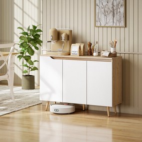 HOMCOM Komoda s 3 dvířky, 2 nastavitelnými policemi, 5 nohami z hevea, rustikální dub/bílá, 107 × 35 × 76,5 cm