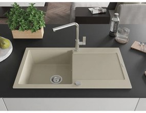 Mexen Leo, 1-komorový granitový dřez 900x500x190 mm a dřezová baterie Flora, béžová, 6501-69-670401-00