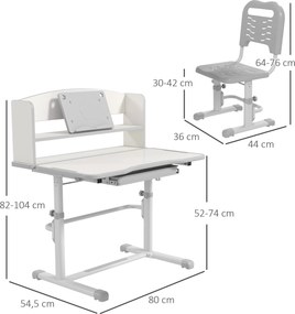 Sada stolu a židle ZONEKIZ pro děti ve věku 6-12 let, nastavitelná výška, dětský stůl s 1 zásuvkou, 1 policí a nastavitelným úhlem stolu 80x54,5x82-1…