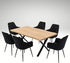 Vikio Jídelní set pro 6 osob 160x90 cm soft dub noha X černá židle s područkami VJS226-6C