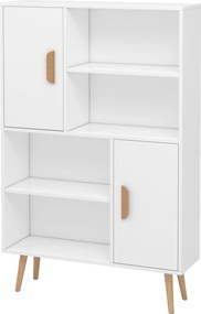 HOMCOM Skandinávská Knihovna se 4 Policemi + 2 Skříňkami s Nastavitelnou Policí rozměr 80D x 24Š x 123V cm, Se Šikmýma Nožkama z Pevného Borového Dře…