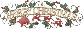 Nástěnná kovová cedule Merry Christmas s cesmínou - 79*1*27 cm