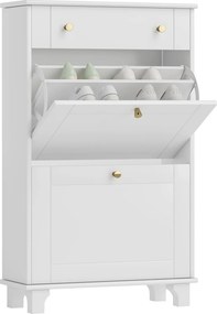 HOMCOM Úzký Botník do Předsíně se 2 Sklápěcími Zásuvkami a 1 Vyndavací Zásuvkou pro 8 Párů Bot 60x23,5x98,5 cm Bílý | Aosom