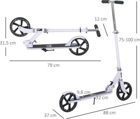 Skládací koloběžka HOMCOM pro děti 7-14 let, nastavitelná výška řídítek 4 úrovně s brzdou 88x37x100 cm Bílá