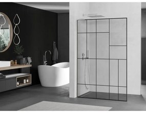 Mexen Kioto L, sprchová zástěna Walk-In 100 x 200 cm, 8mm čiré sklo černý vzor, ​​broušená ocel profil, 800-100-103-97-78