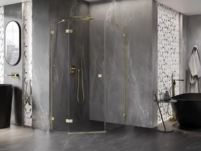 Mexen Lunar, Pětiúhelníkový sprchový kout Mexen Lunar s výklopným levým oknem 80 x 100 cm, 8mm čiré sklo, zlatý matný profil, 831-080L-100P-55-00-L