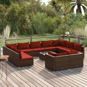 vidaXL 12dílná zahradní sedací souprava s poduškami polyratan [3102084] Barva: Hnědá a skořicová červená