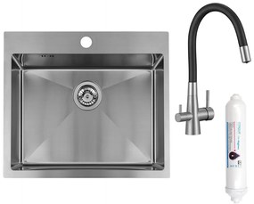Laveo Malawi, 1-komorový nerezový dřez 580x500x200 mm s kuchyňskou baterií s připojením na filtr vody, broušená ocel, LAV-SLMA010F
