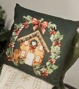 Zelený povlak na polštář s perníkovou chaloupkou - 45*45 cm