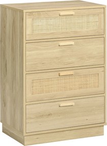 HOMCOM Noční stolek s rattanovými mřížkovými zásuvkami, bohémský styl, komoda do ložnice s protiskluzovým systémem 60x38x88,5 cm přírodní | Aosom