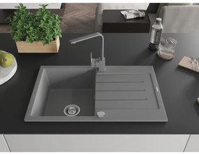 Mexen Bruno, dřez granitový 795x495x200 mm, 1-komorový, šedá s chromovým sifonem a šedá dřezová baterie Rita, 6513-71-670300-71