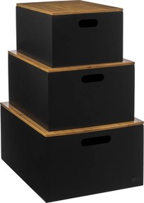 Sada úložných boxů s bambusovým víkem BAVA, černá barva, 3 kusy