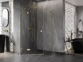 Mexen Lunar, L pětiúhelníkový sprchový kout naklápěcí doleva 80 x 100 cm, 8mm čiré sklo, zlatý profil, 831L-080L-100P-50-00-L