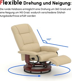 HOMCOM Reklinační Křeslo s Funkcí Otáčení, Podnožka, Křeslo s Opěrkami, Dřevěné Nohy do Obývacího Pokoj, Ložnice, Faux Kůže, Krémově Bílá