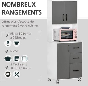 HOMCOM Kuchyňský bufet s více úložnými prostory 2 + 1 dvířka 3 zásuvky + Velký pracovní stůl Rozměry 60L x 40W x 160H cm Šedá Bílá