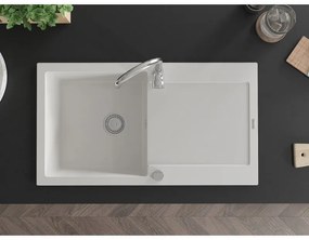 Mexen Leo, 1-komorový granitový dřez s odkapávačem 90x50 cm a kuchyňskou baterií Telma, bílá, 6501-20-670200-00