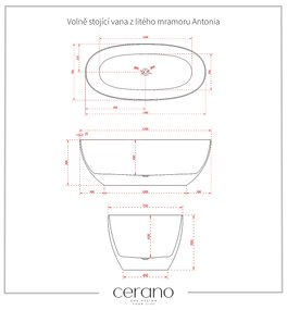 CERANO - Volně stojící vana z litého mramoru Antonia - bílá matná - 170x75cm