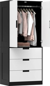 HOMCOM 2-dveřová skříň se 3 zásuvkami, moderní skříň s šatní tyčí, pro ložnici, černo-bílá