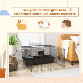 Bouda PawHut pro malá zvířata s výběhem, 112,5L x 99W x 54H cm, s lahví na vodu, krmítkem, miskou na krmení, pro malá zvířata, ocel, černá | Aosom