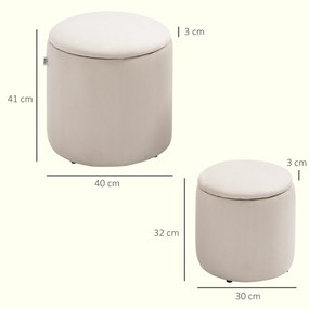 HOMCOM Sada 2 kusů kulatých úložných taburetků s odnímatelným víkem v corduroy vzhledu – krémově bílá