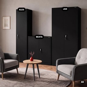 Úzká kovová kancelářská skříň na dokumenty, černá, 450x1850x400 mm: ALEX