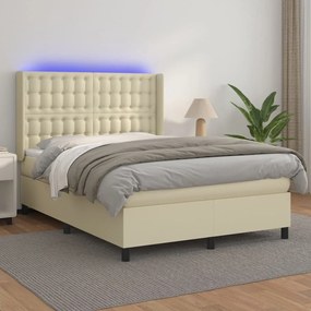 vidaXL Box spring postel s matrací a LED krémová 140x190 cm umělá kůže