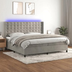 Box Spring Postel S Matrací A Led Samet Světle Šedá tlačítka 200 x 200 cm