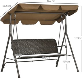 Zahradní houpačka Outsunny pro 3 osoby s nastavitelnou sluneční střechou, sedák z PE ratanu a opěrky na balkon, terasu, patio - nosnost 240 kg, 167x1…