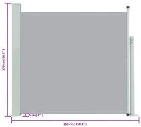 vidaXL Zatahovací boční markýza/zástěna na terasu 170 x 300 cm šedá