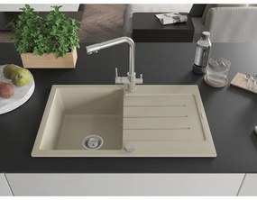 Mexen Bruno, 1-komorový granitový dřez s odkapávačem 795x495x200 mm a chromová baterie Duero, béžová, 6513-69-671600-00