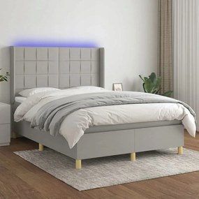 Box Spring Postel S Matrací A Led Textil Světle Šedá Blok se čtverci 140