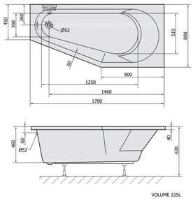 Polysan TIGRA R asymetrická vana s konstrukcí 170x80x46cm, bílá, 90711