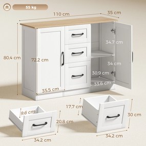 HOMCOM Komoda do obývacího pokoje, úložný nábytek se 2 dvířky s tichým dovíráním a 3 zásuvkami, 110x35x80,4 cm, bílá a přírodní dřevo