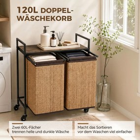 HOMCOM Koš na prádlo z bambusu 2 přihrádky 120 L sběrač prádla s policí, koš na prádlo, válecí 73x33x78 cm, hnědá