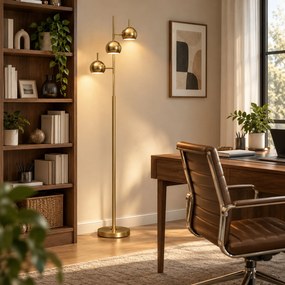 HOMCOM Stojací lampa 350° nastavitelná pro obývací pokoj a kancelář, stojací lampa se 3 stínidly z oceli, zlatá