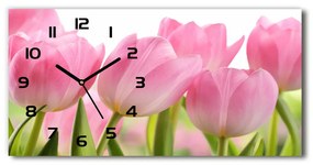 Wallmuralia Skleněné hodiny na stěnu Růžové tulipány 60x30 cm