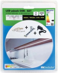 FK Technics SET LED pásek COB s dotykovým spínačem, vč. zdroje, 24W, 4000K, 3 m