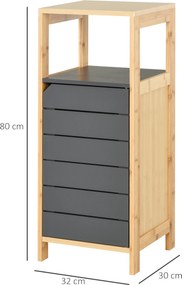 HOMCOM koupelnová skříňka, víceúčelová skříňka, 3 patra, nastavitelná, MDF + bambus, šedá, 32x30x80 cm